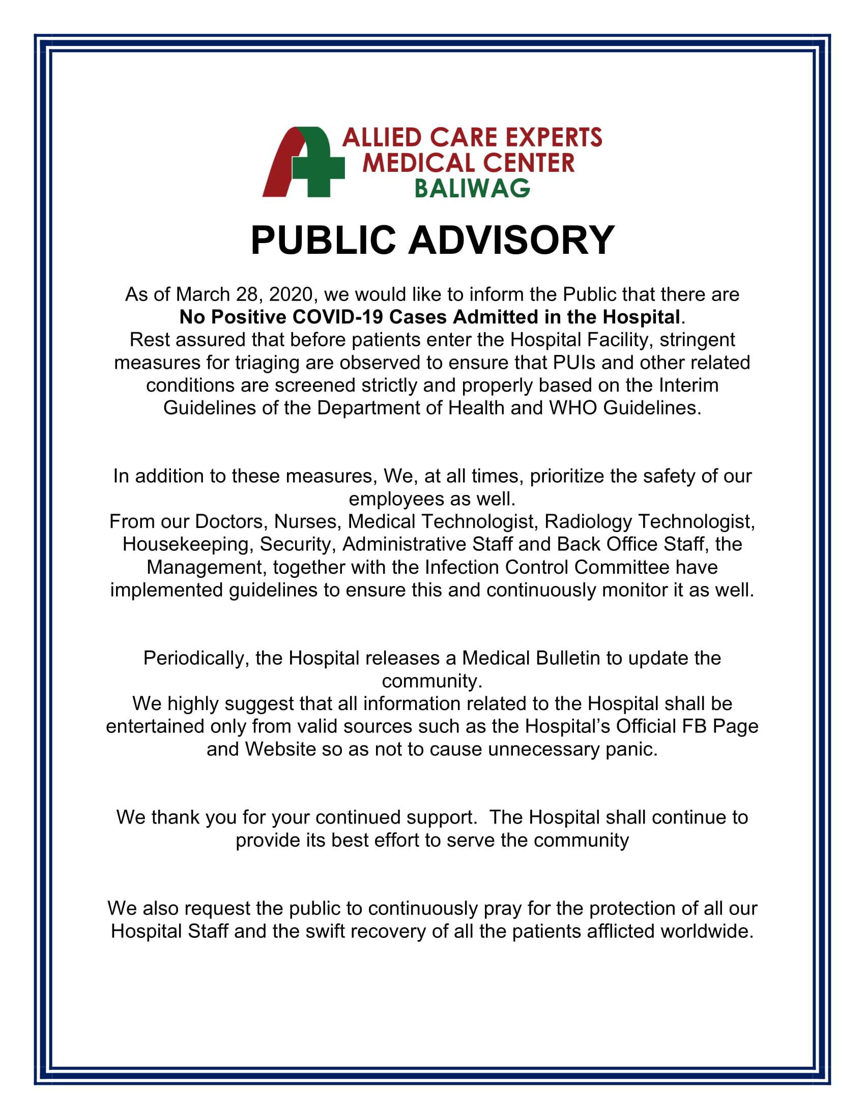 Public Advisory - Allied Care Experts Medical Center